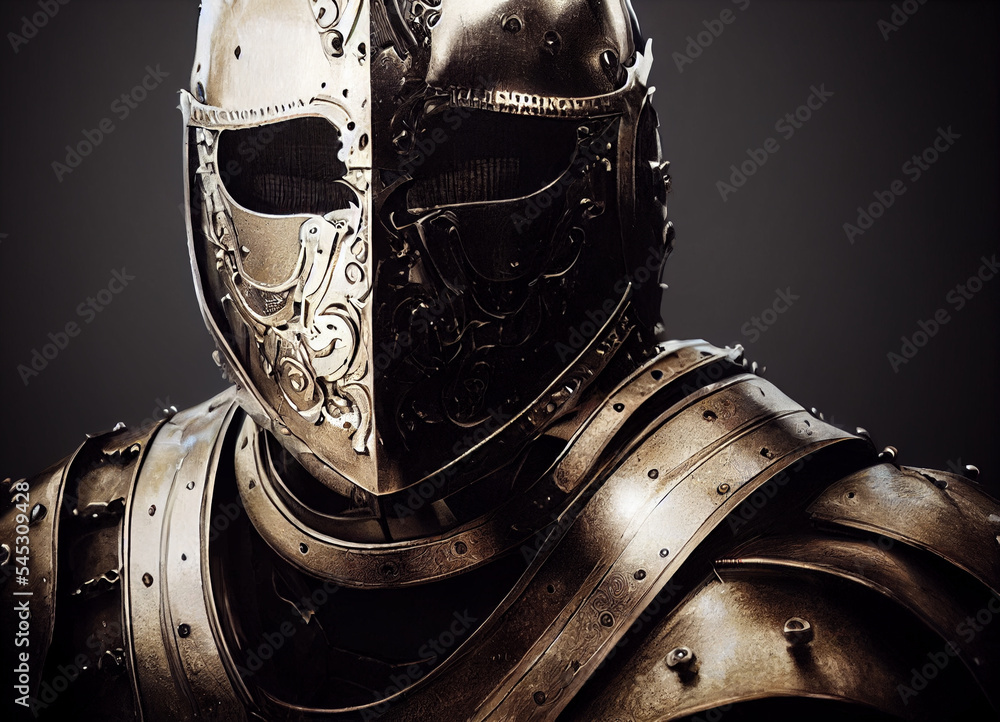 fierce medieval armored knight, engraved skeletal teeth on armored mask ...