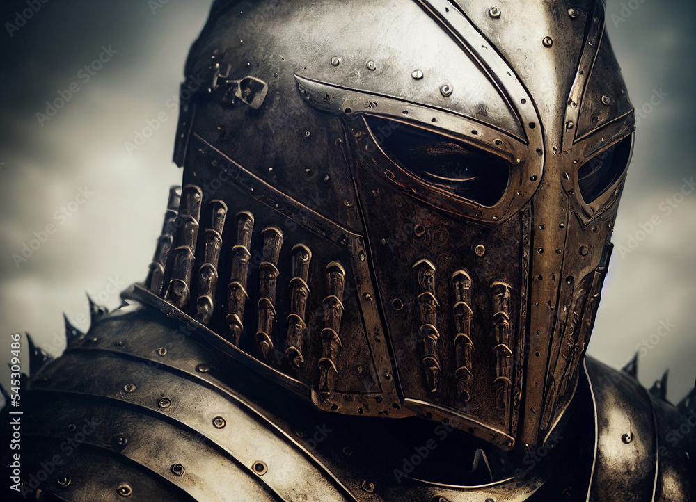 fierce medieval armored knight, engraved skeletal teeth on armored mask ...