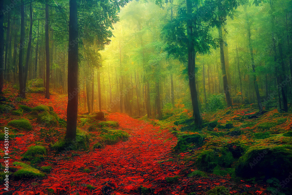 Illustrazione Stock colorful Very beautiful fall forest at day sun with ...