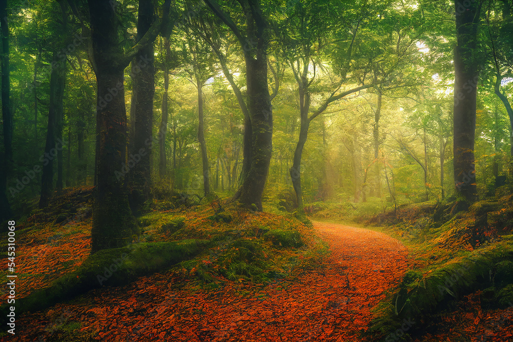 colorful Very beautiful fall forest at day sun with an epic fall ...