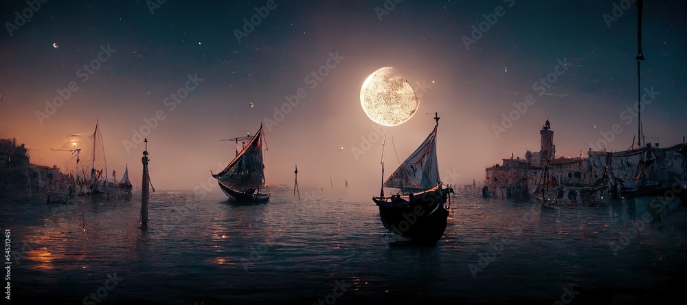 Spectacular fantasy coastal town with sailing ship and fishing boats ...