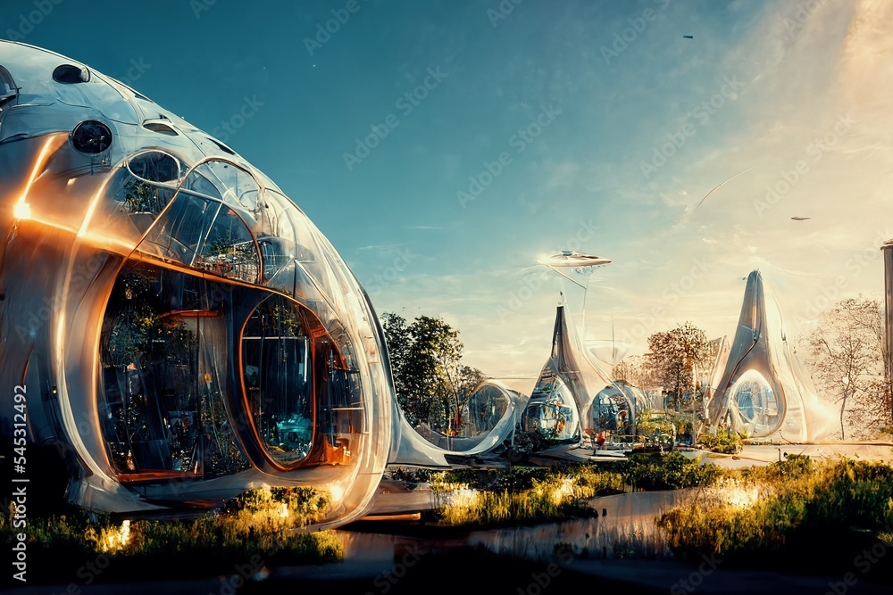 Space expansion concept of human settlement in alien world with green ...