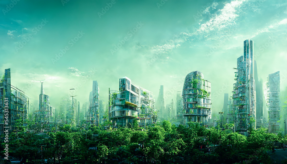 Spectacular environmental awareness city with vertical forest concept ...
