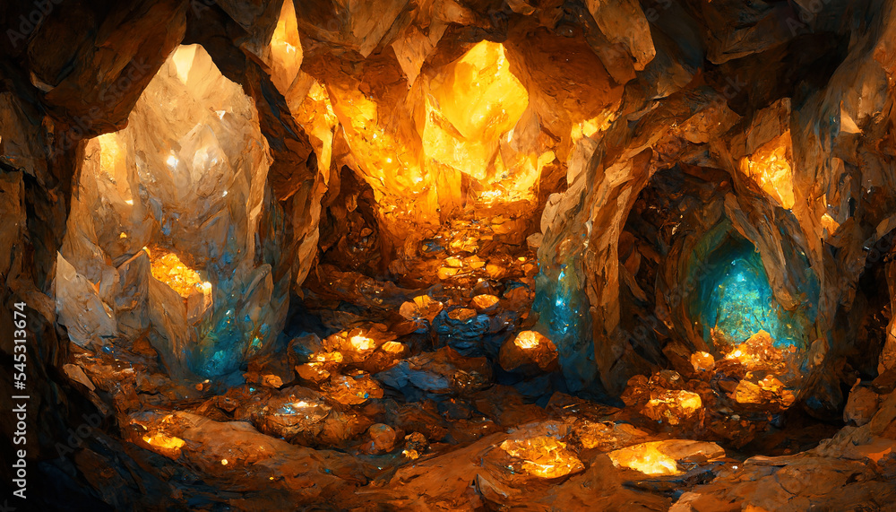 Fantasy setting gold mine tunnel with glittering gold, colorful jewels, and other minerals ...