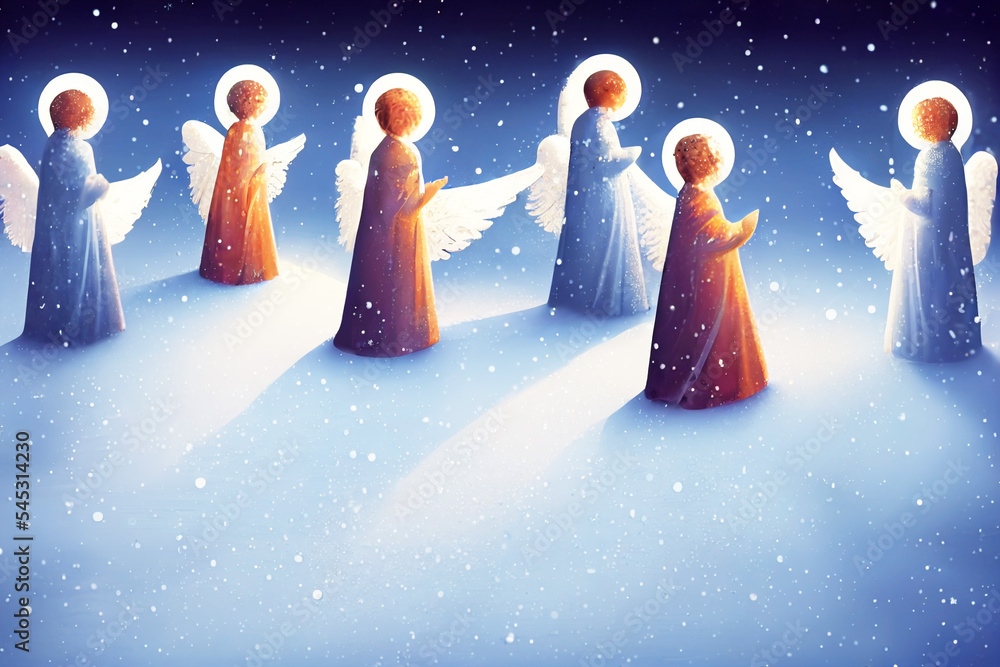 Group of glowing Christmas angels in pray in simple outdoor winter ...