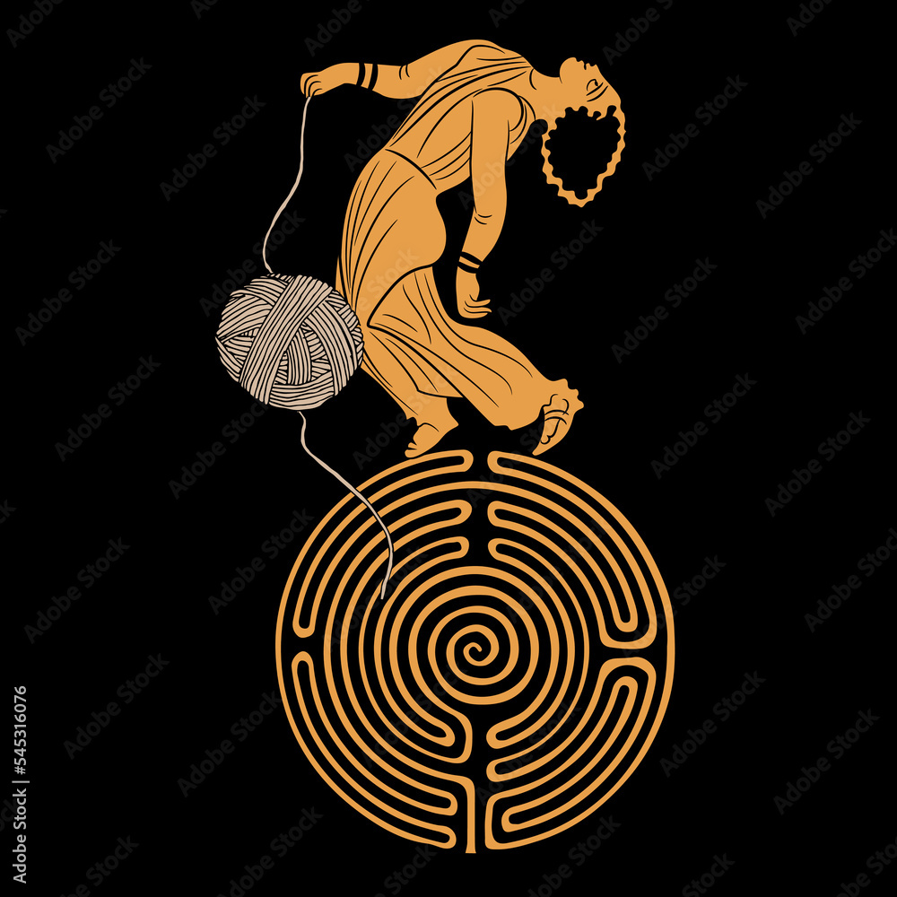 Ancient Greek girl holding yarn ball dancing on a round spiral maze or ...