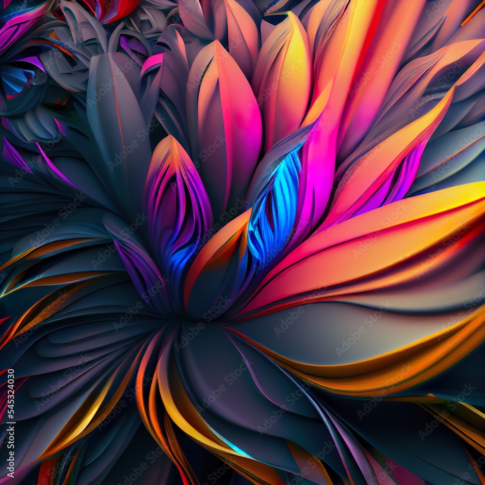 drawing of flower petals in abstract and multicolored image. 3d. art ...