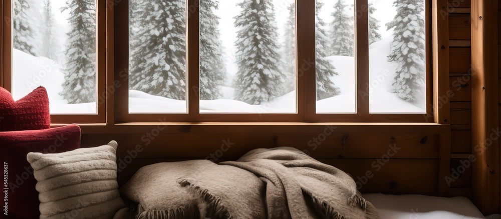 Cozy cabin interior, looking out windows, forest with snow, ski lodge ...
