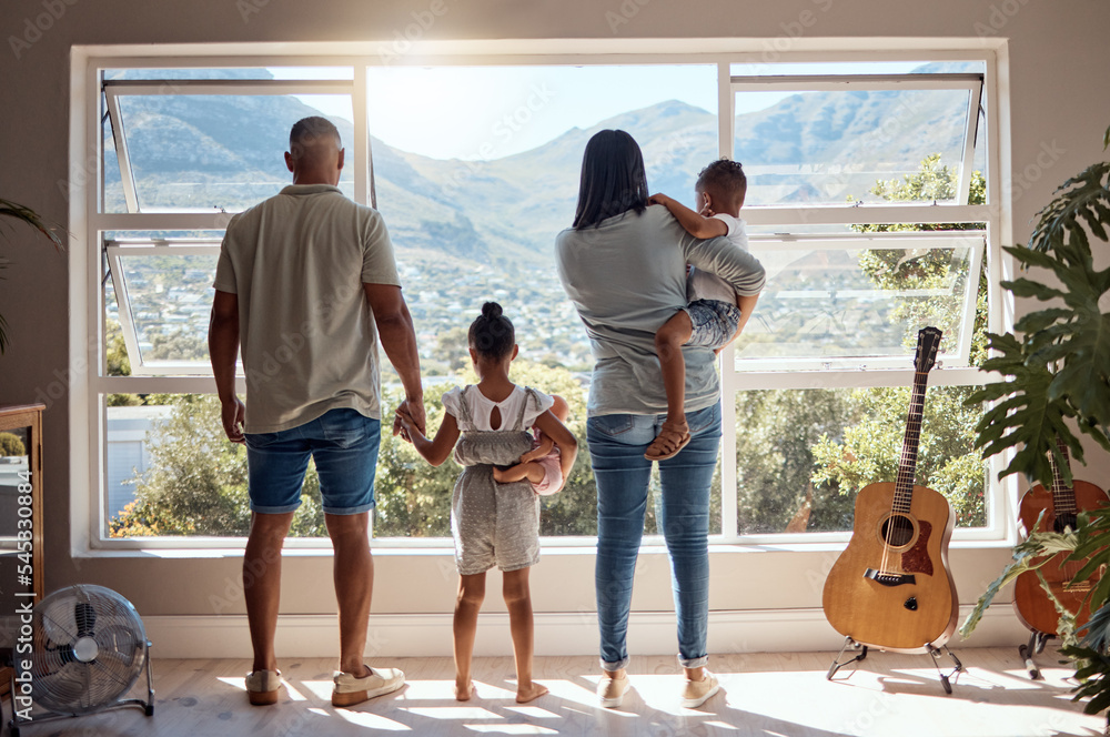 Family, love and window back view in home looking at mountain. Support ...