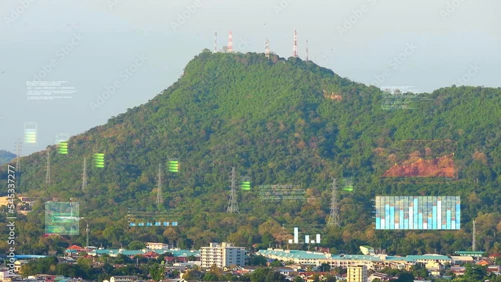 high power electric pole with battery graph bar animation on mountain ...