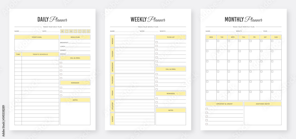 Daily, weekly, monthly planner template. Daily productivity planner ...