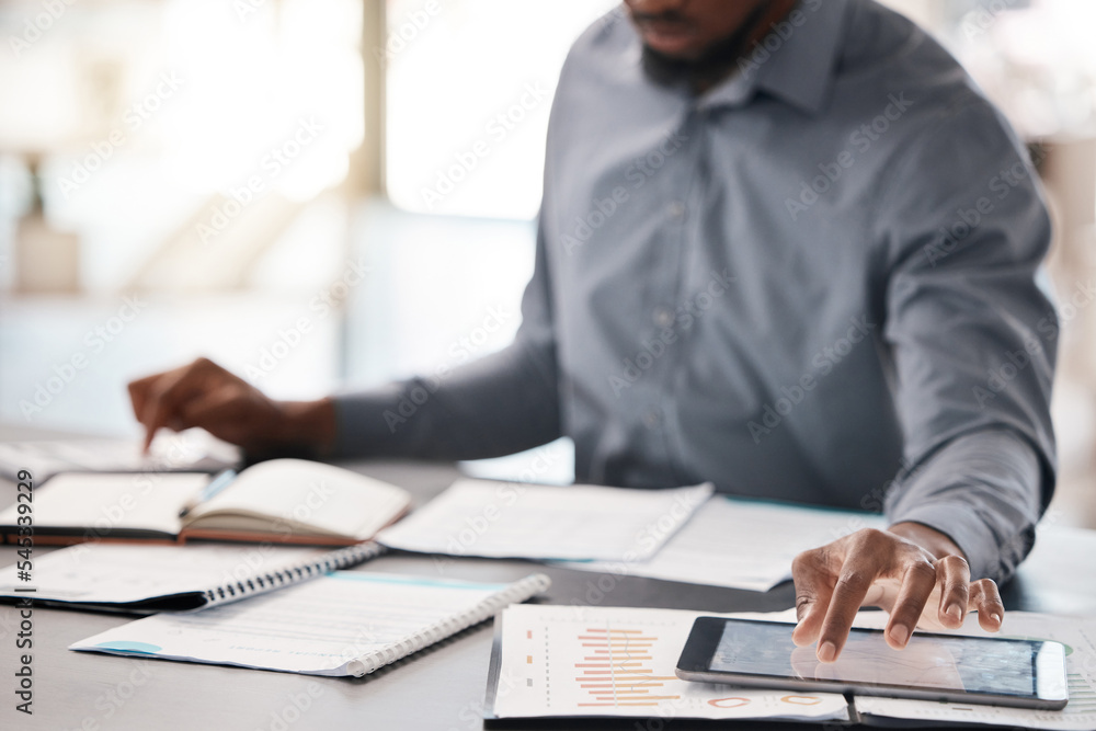 Businessman, hands and tablet with documents data analysis, company ...
