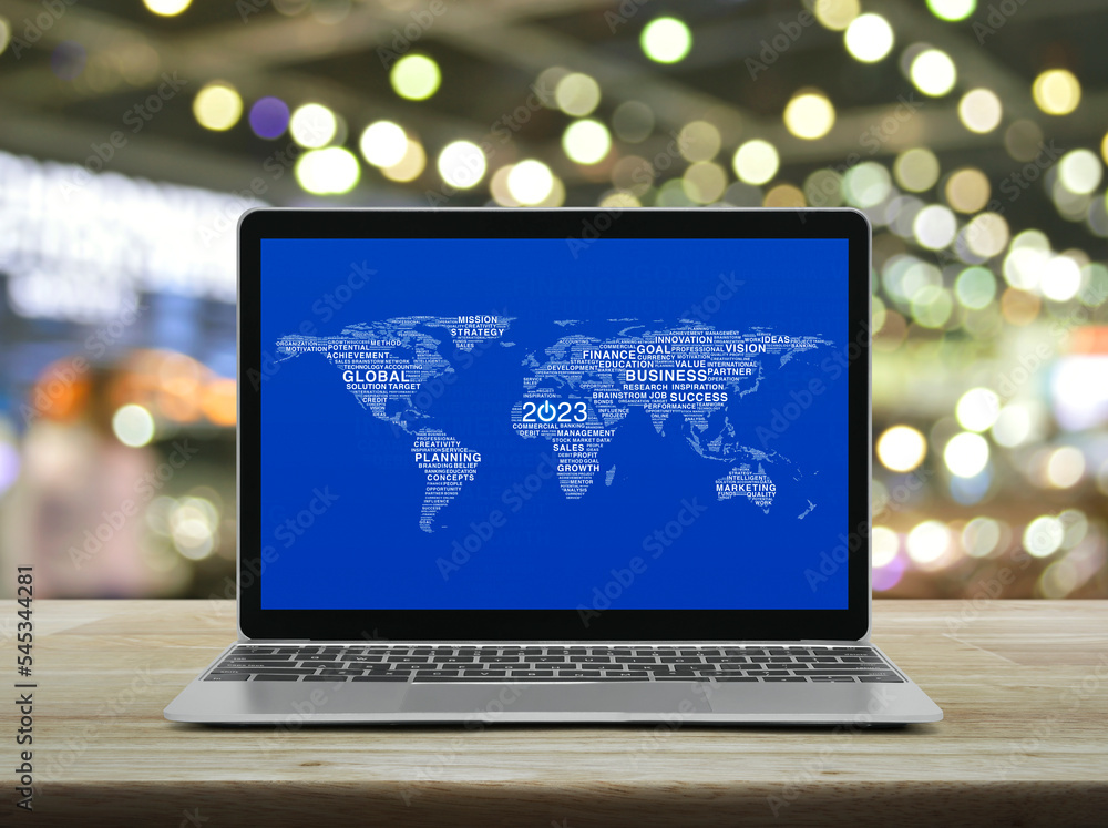 Start up 2023 business icon with global words world map on laptop ...