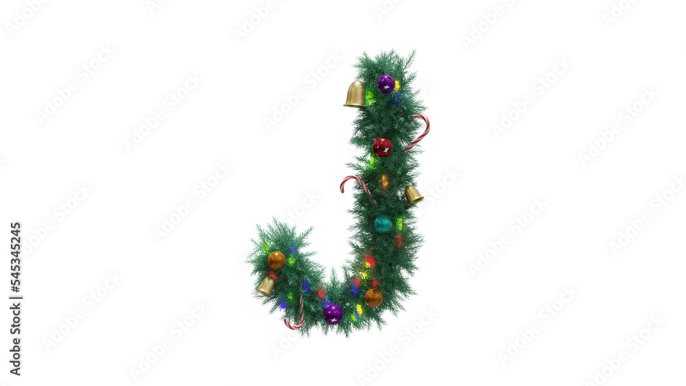 Capital letter J from Christmas tree twigs with decorations on ...