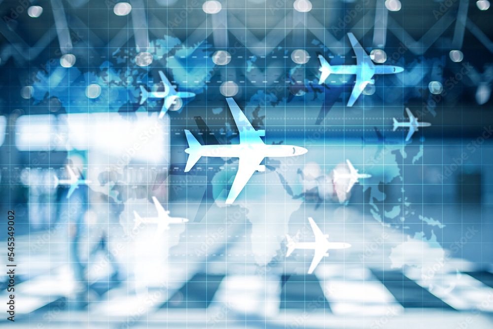 World map with flight routes airplanes. Global Aviation Business ...