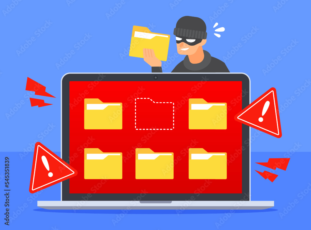 Hacker stealing document folder icon from laptop screen. System warning alert to cyber threat or ...