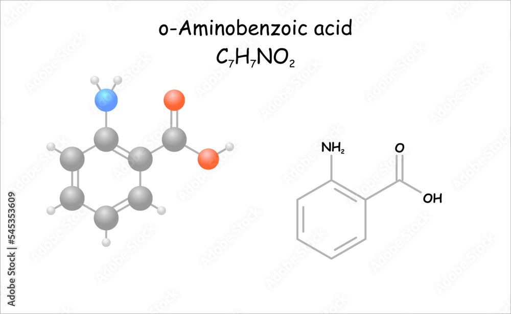 Stylized molecule model/structural formula of o-Aminobenzoic acid ...