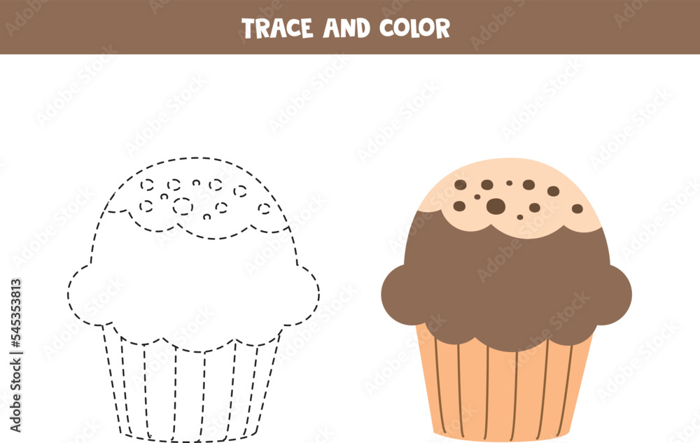 Trace and color cartoon cupcake. Worksheet for children. Stock Vector ...