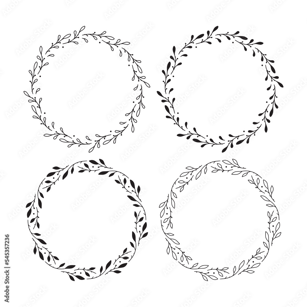 Set of 4 hand drawn spring wreaths isolated on white background, vector ...