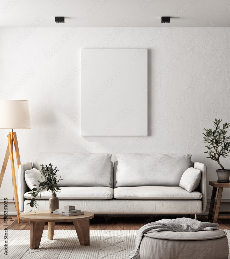 Mock up interior space living room with template poster on wall, 3d ...