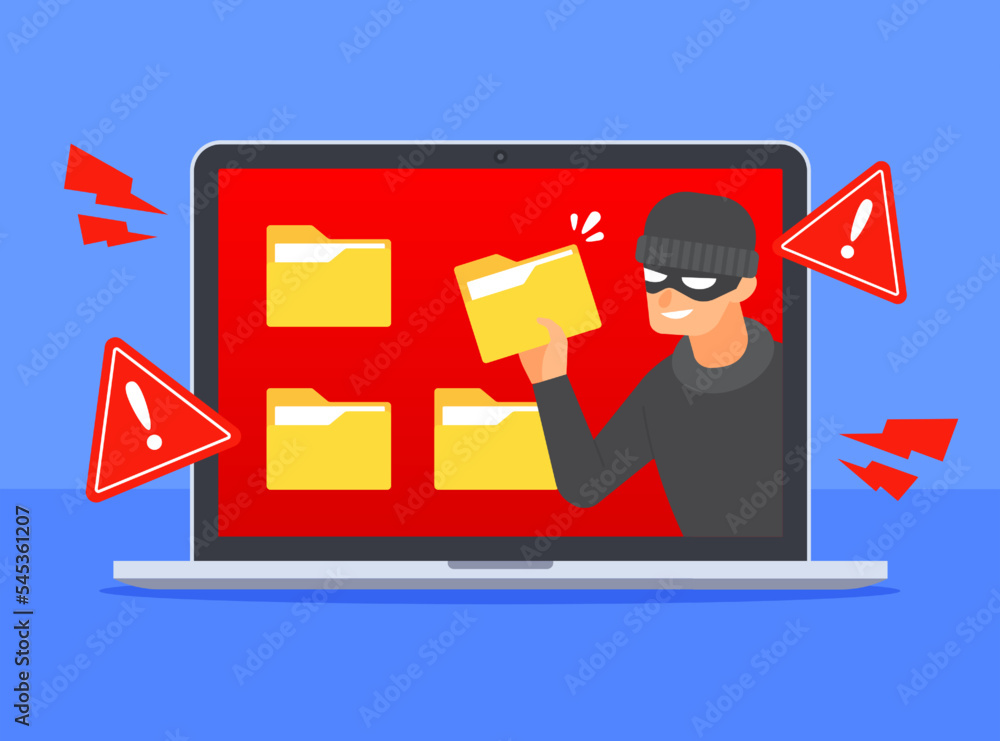 Hacker steals document folder icon on laptop screen. System warning alert to cyber threat or ...