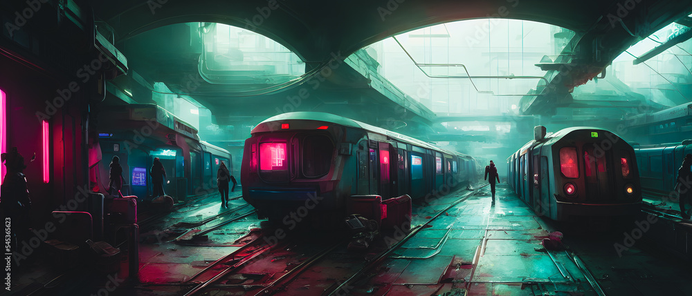 Artistic concept illustration of a futuristic metro station, background ...