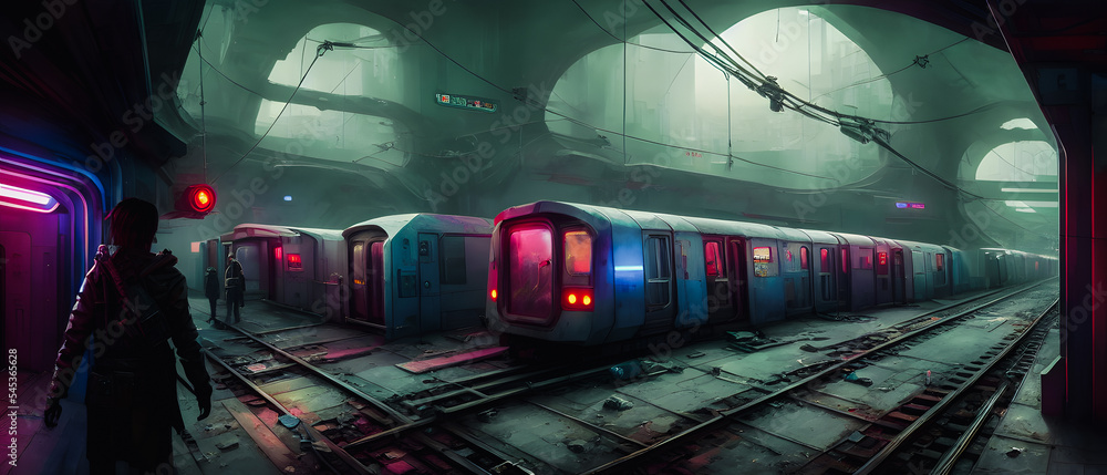 Artistic concept illustration of a futuristic metro station, background ...