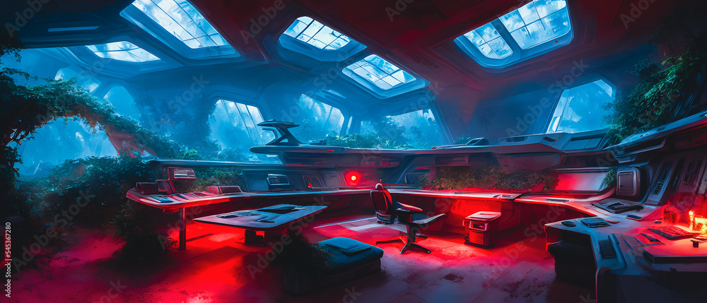 Artistic concept illustration of a control room of space station ...
