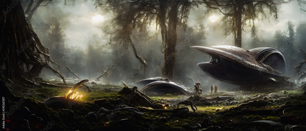 Artistic painting concept of spaceship in futuristic landscape, digital ...