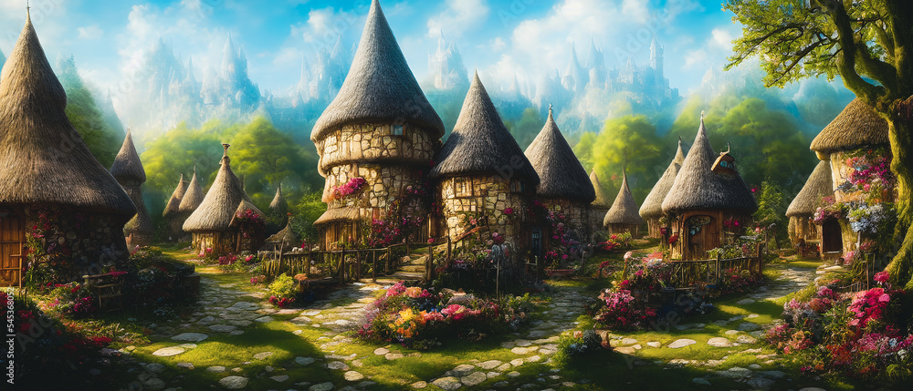 Artistic concept illustration of a Fairy tales village with small ...