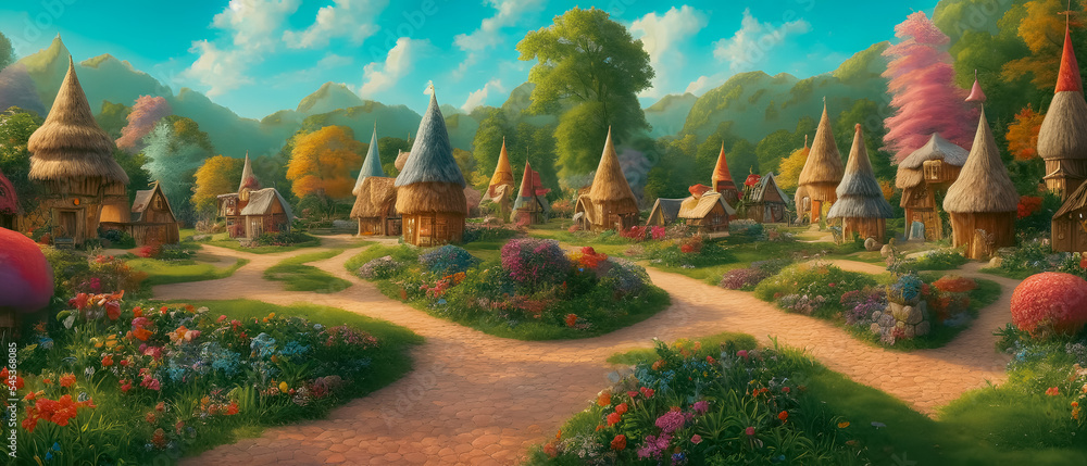 Artistic concept illustration of a Fairy tales village with small ...