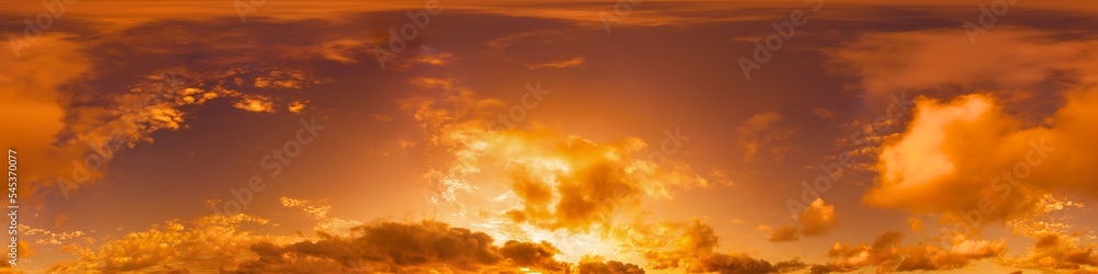 Golden glowing red orange overcast sunset sky panorama. Hdr seamless ...