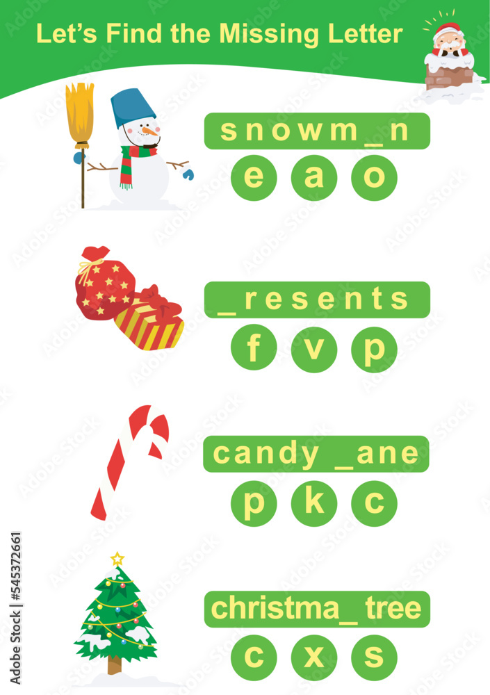 Let’s find the missing letter. Preschool worksheet with Christmas theme ...