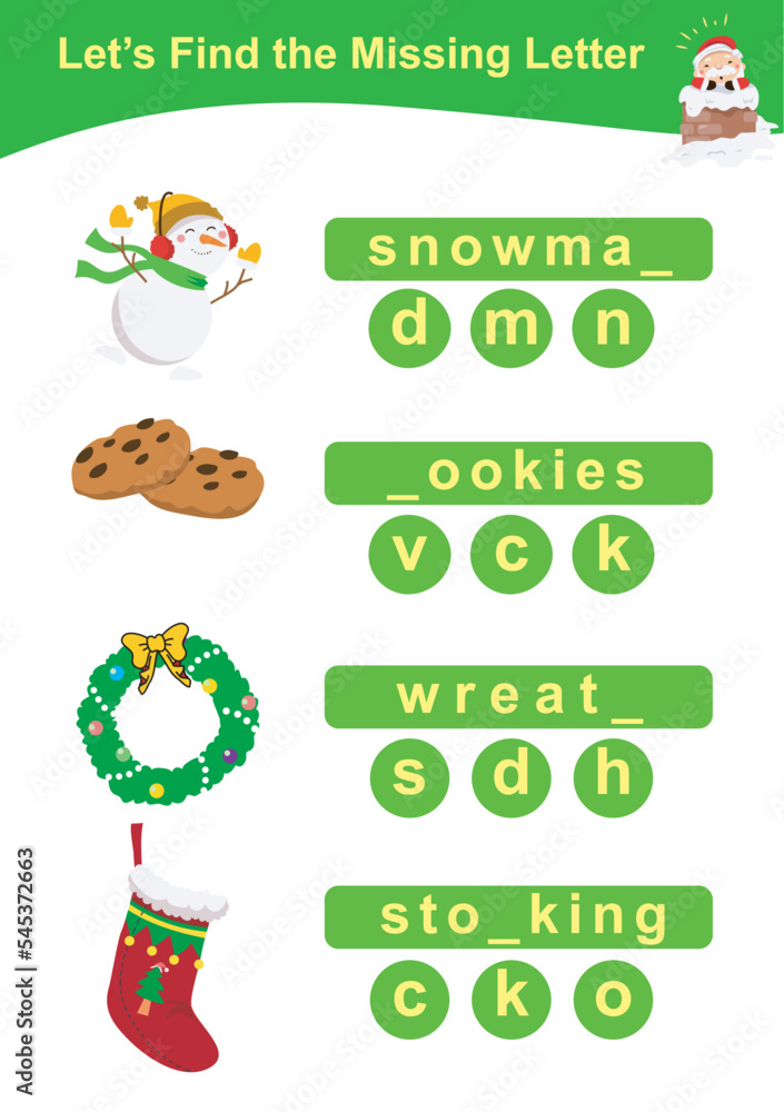 Let’s find the missing letter. Preschool worksheet with Christmas theme ...