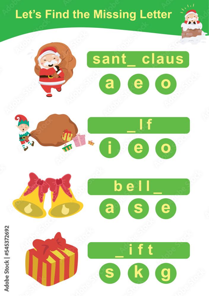 Let’s find the missing letter. Preschool worksheet with Christmas theme ...