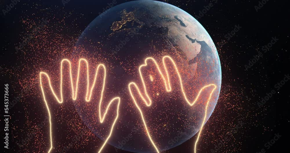 Red silhouette hands wave their palm in space among zoom in planet ...
