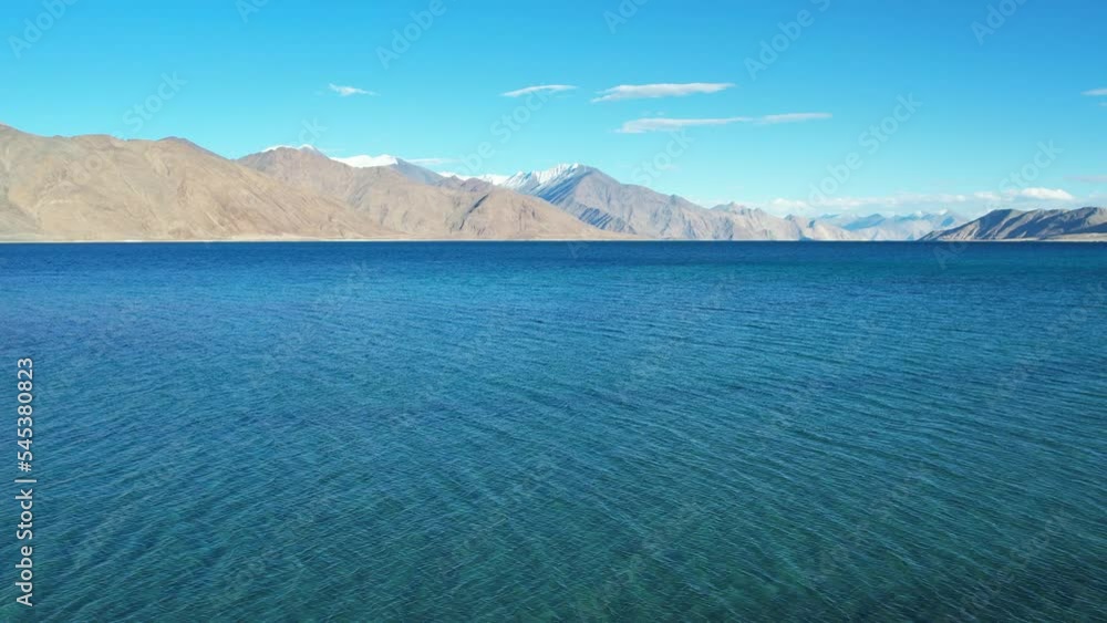 Aerial landscape of Pangong Lake and mountains with clear blue sky, it ...