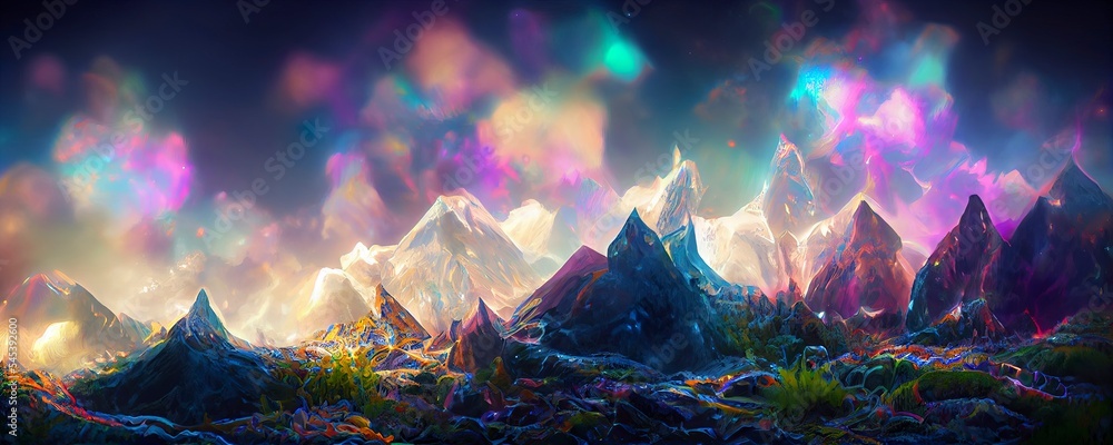 Beautiful landscape of fantasy mountain and colorful background ...