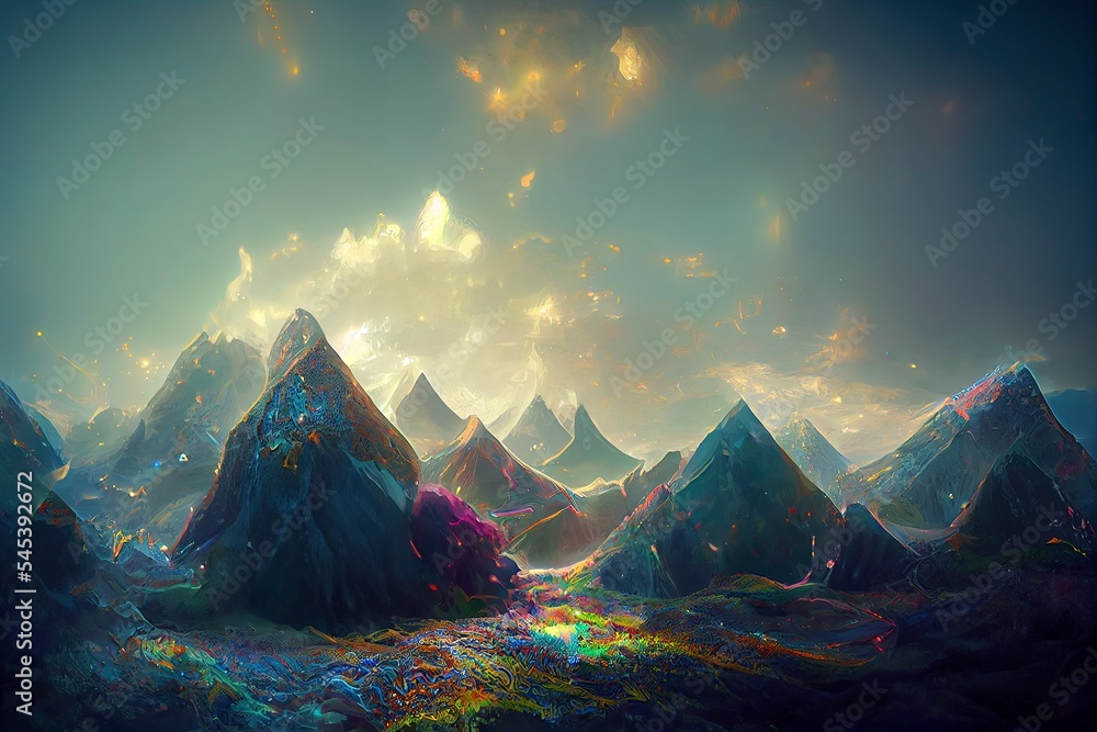 Beautiful landscape of fantasy mountain and colorful background ...