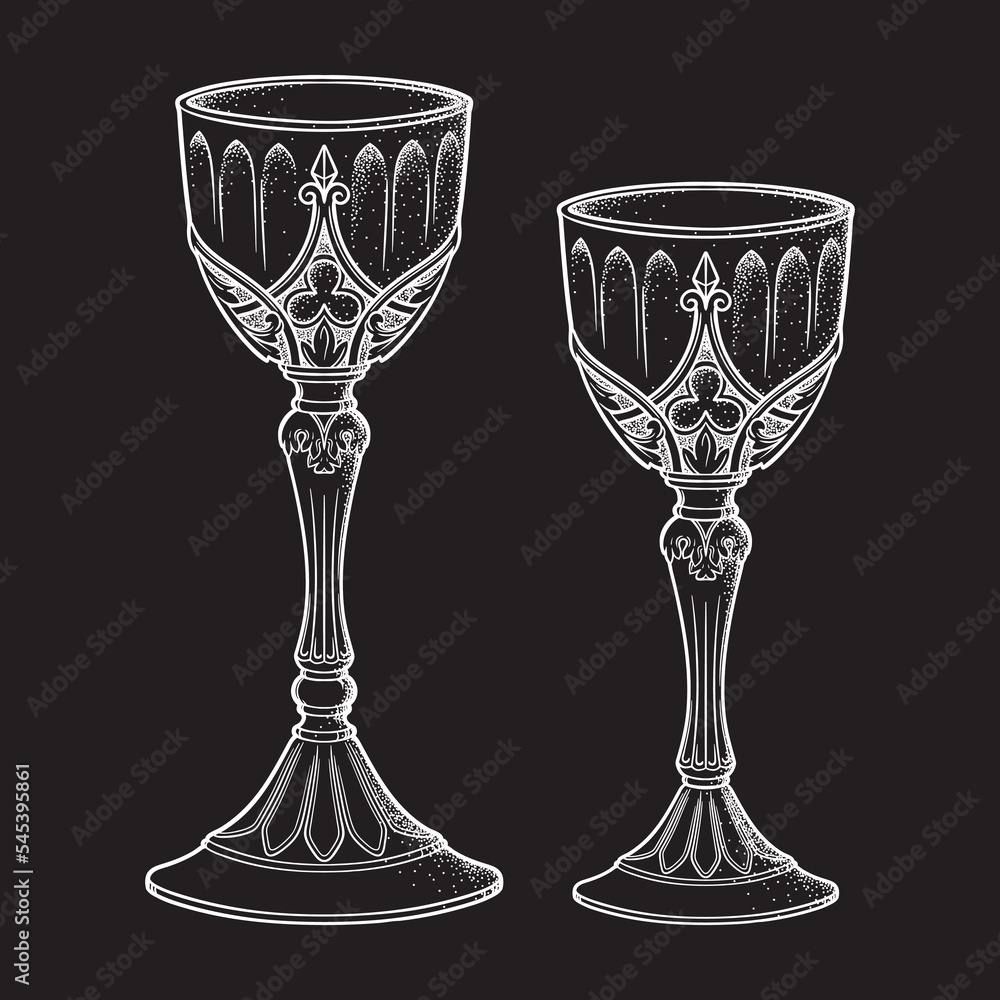 Gothic goblets or Holy grail set hand drawn line art and dot work ...