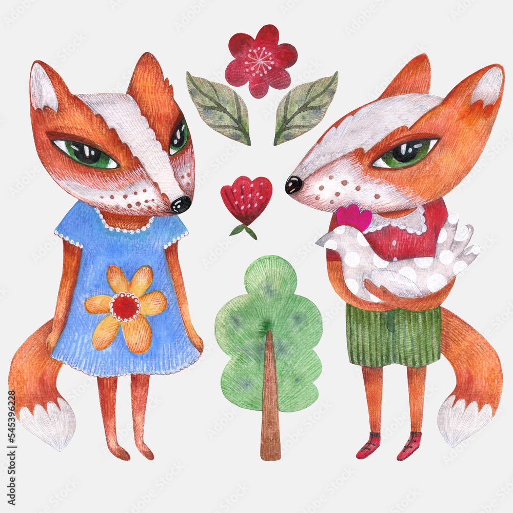 Cute cartoon mister fox and miss fox characters set with flowers, trees ...
