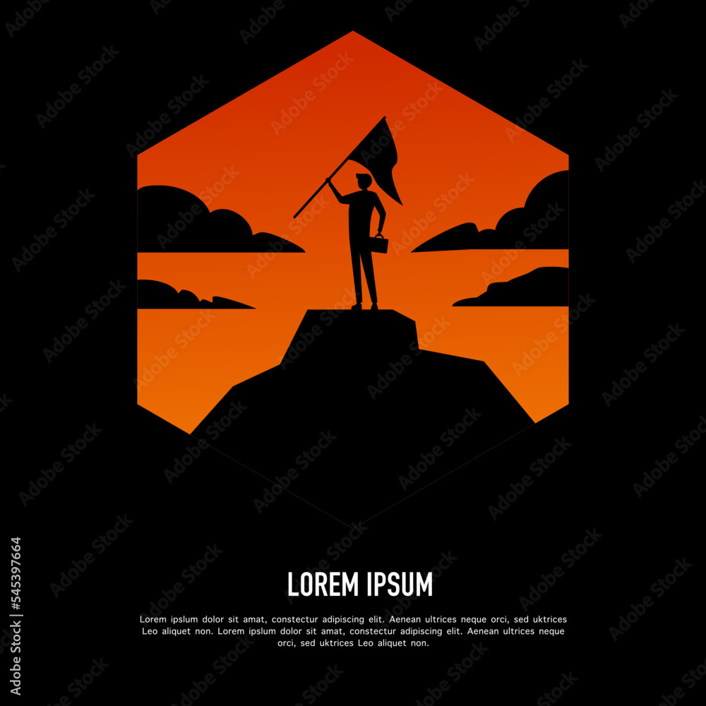 businessman holding flag hoisted on top of mountain. Overcoming ...