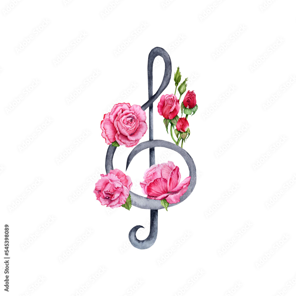 Classical Music Treble Clef decorated with Roses watercolor ...