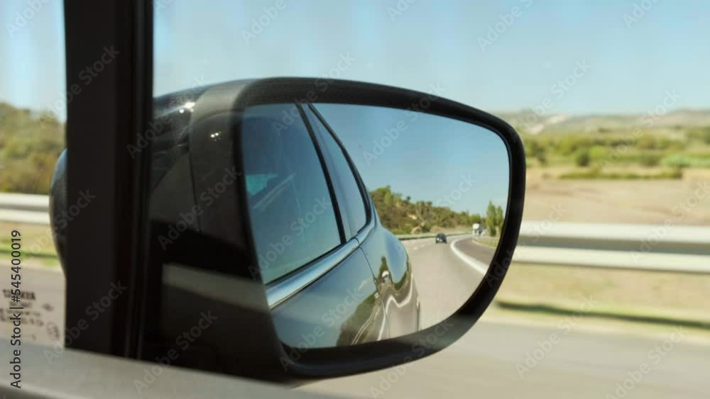 Car right side mirror on Portuguese highway, road landscape view on the ...