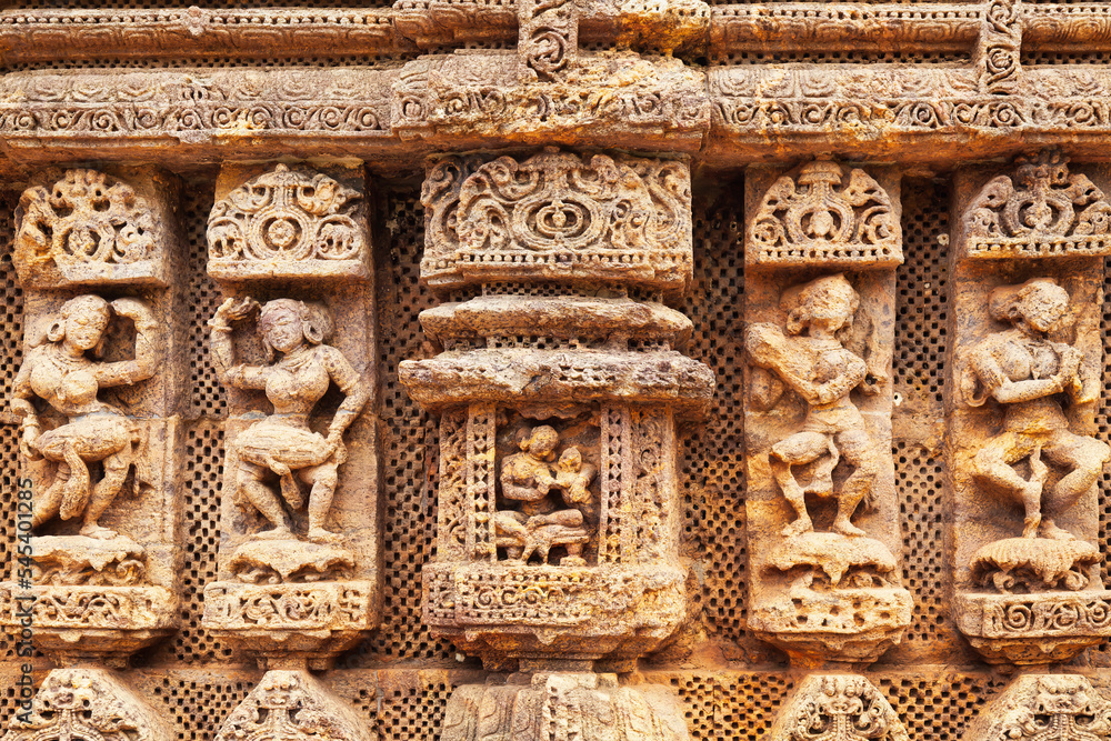 Medieval stone carvings and artwork on the wall of Konark sun temple ...