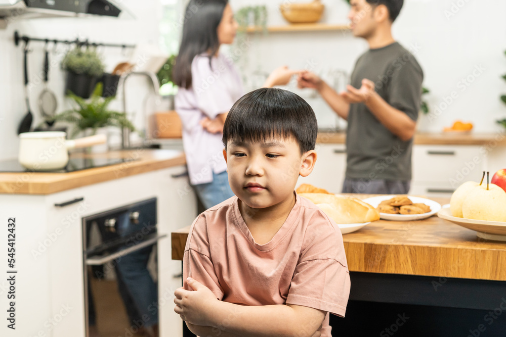 Little asian sad boy, unhappy while parents fighting, kid son not ...