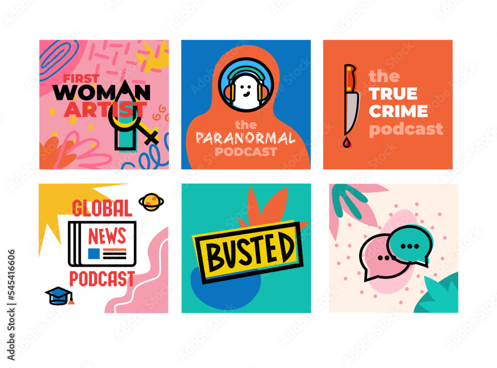 Colorful doodle cover art set for podcasts, cartoon background, basted ...