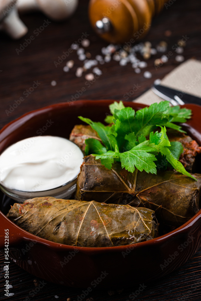 Georgian dish Dolma rolls of grape leaves with rice, beef and sour ...