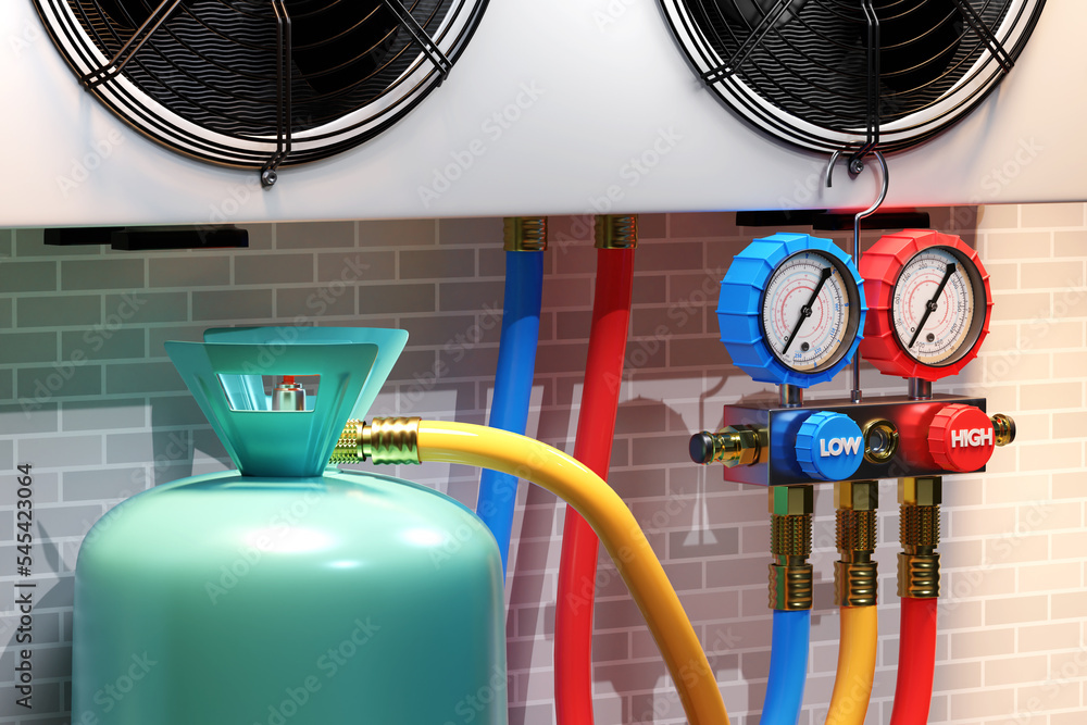 Conditioner technology. Freon gas cylinders. Conditioner tech with ...