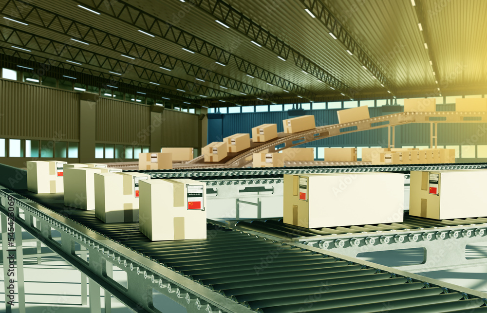 Cardboard boxes with Chinese flag. Conveyor with parcels for China ...